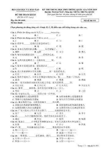 Đề tham khảo môn Tiếng Trung quốc - Kỳ thi THPT quốc gia năm 2019 (Mã ...